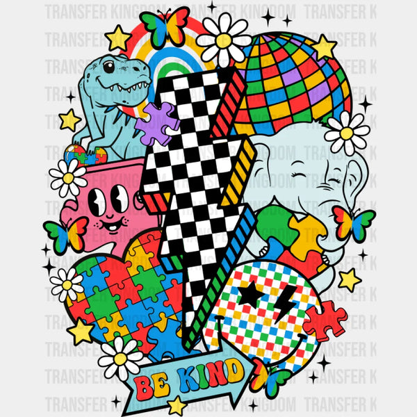 Be Kind Checkered Lightning Bolt Design - Autism Awareness DTF Transfe