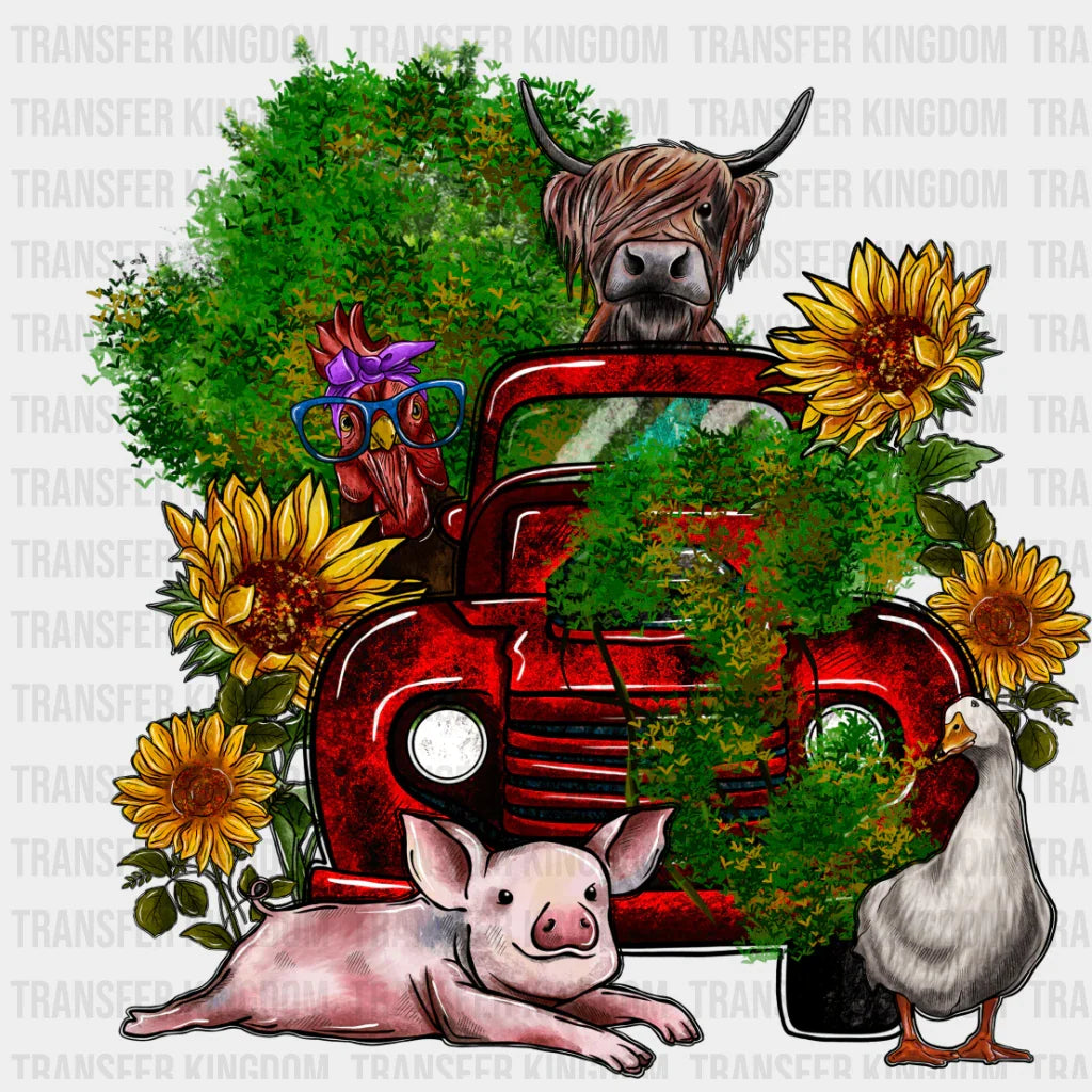 Farm Animals Truck And Flower Design - Farm Animals Iron On DTF Transf