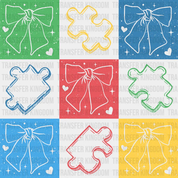 Green Blue Red Yellow Puzzles & Ribbons - Autism Awareness DTF Transfe ...